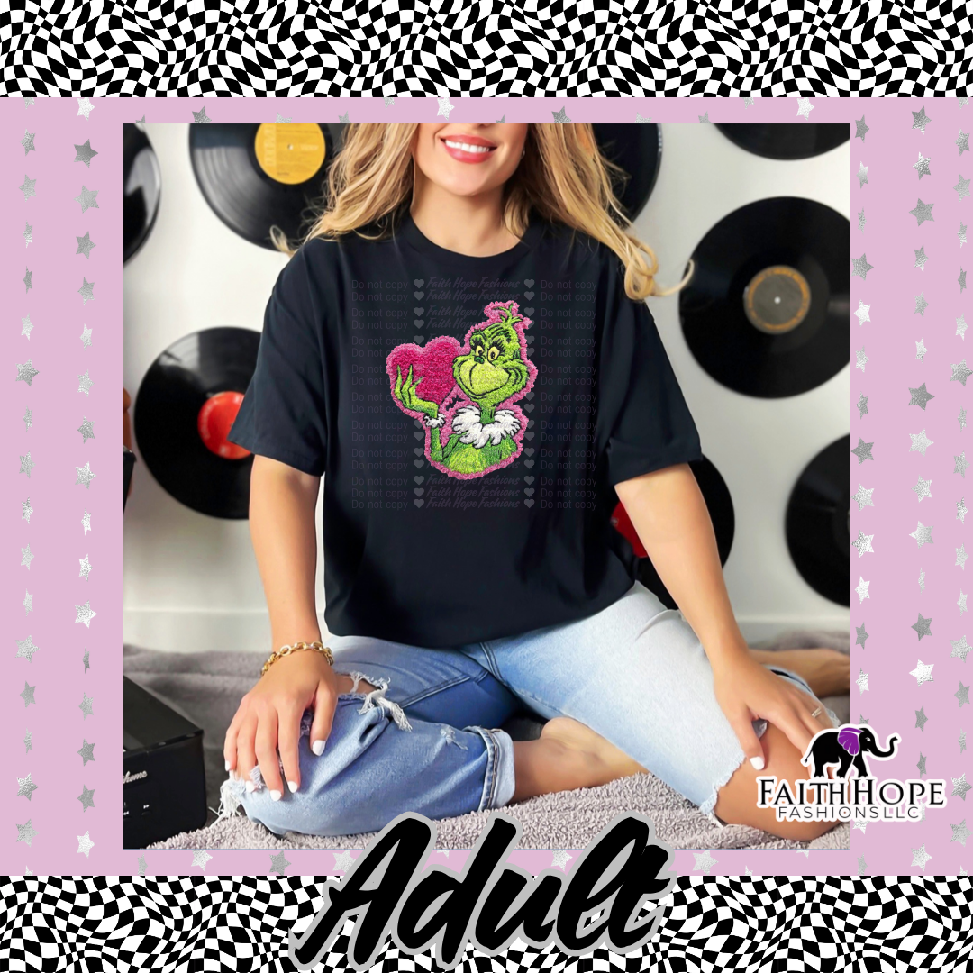 Fuzzy Grinch Heart Adult Shirt – Faith&Hope